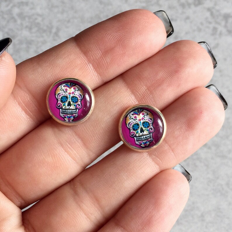 Day of the Dead Earrings - Dia De Los Muertos, Silver Studs, Hot Pink ...