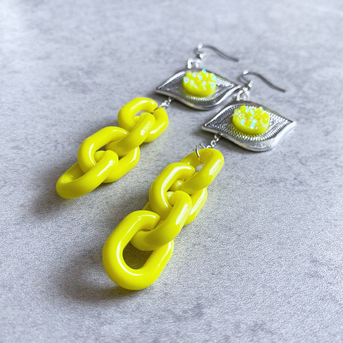 Neon Yellow Chain Link Statement Earrings Iridescent Glitter | Etsy