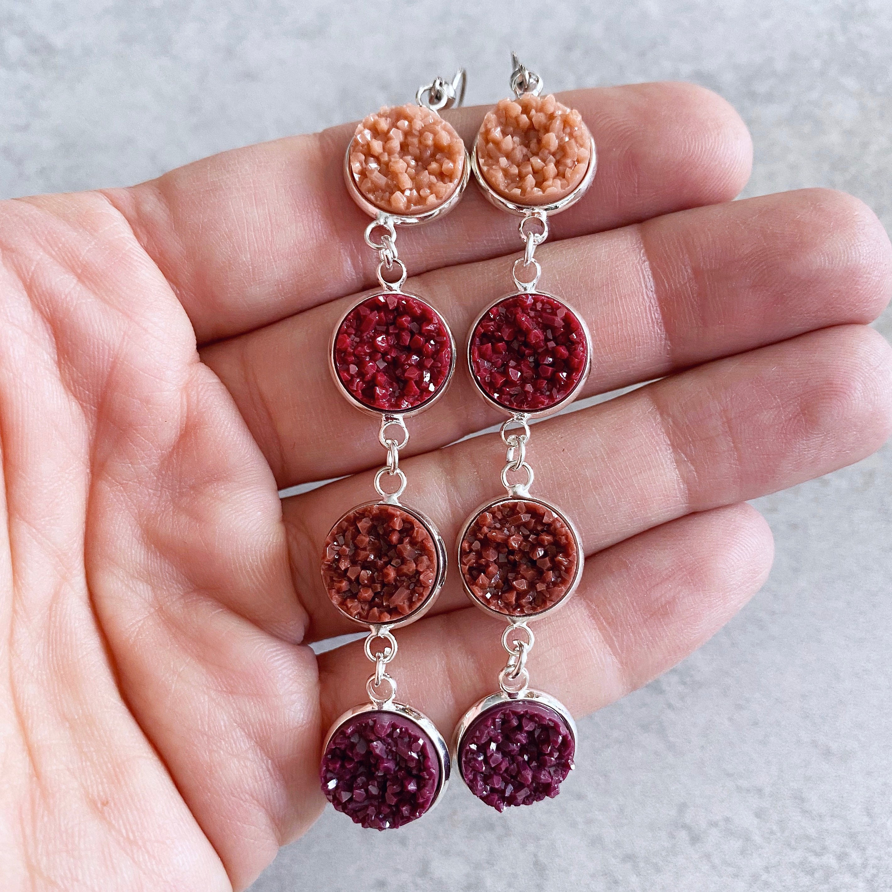 Deep Red Ombre Druzy Earrings Long Mauve Coral Burgundy | Etsy