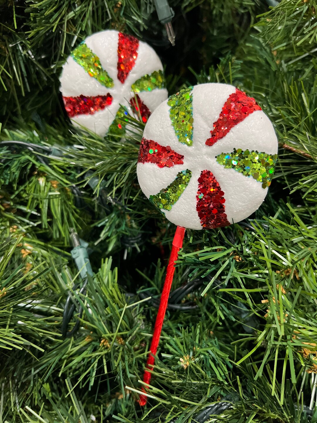Christmas Lollipop Peppermint Candy Glitter Pick Picks and Sprays ...