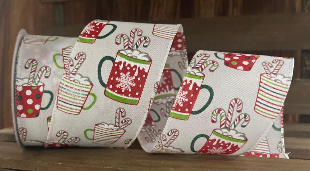 Hot Cocoa Glitter Mug Christmas Wired Edge Ribbon 2 1/2 Christmas Tree ...
