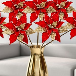 24" Regal Red and Gold Velvet With Glitter Poinsettia Stem Christmas ...