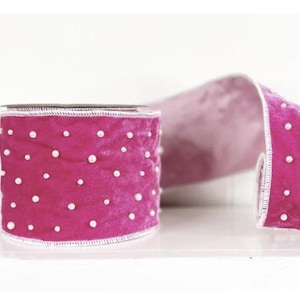 5 Yards, 4 Inch, Pink Velvet With Pearls Wired Ribbon, Designer Wired ...