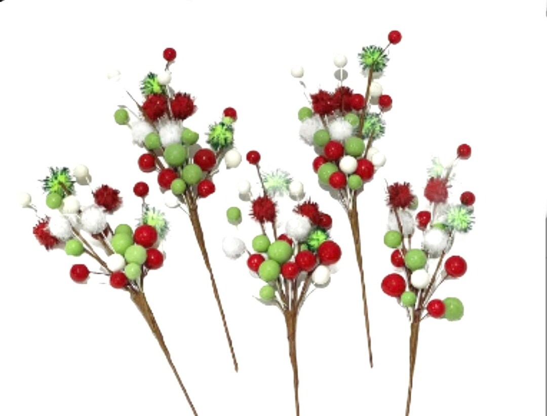 20 Pom Pom Berry Red and Green Picks Wreath Attachments Vase ...