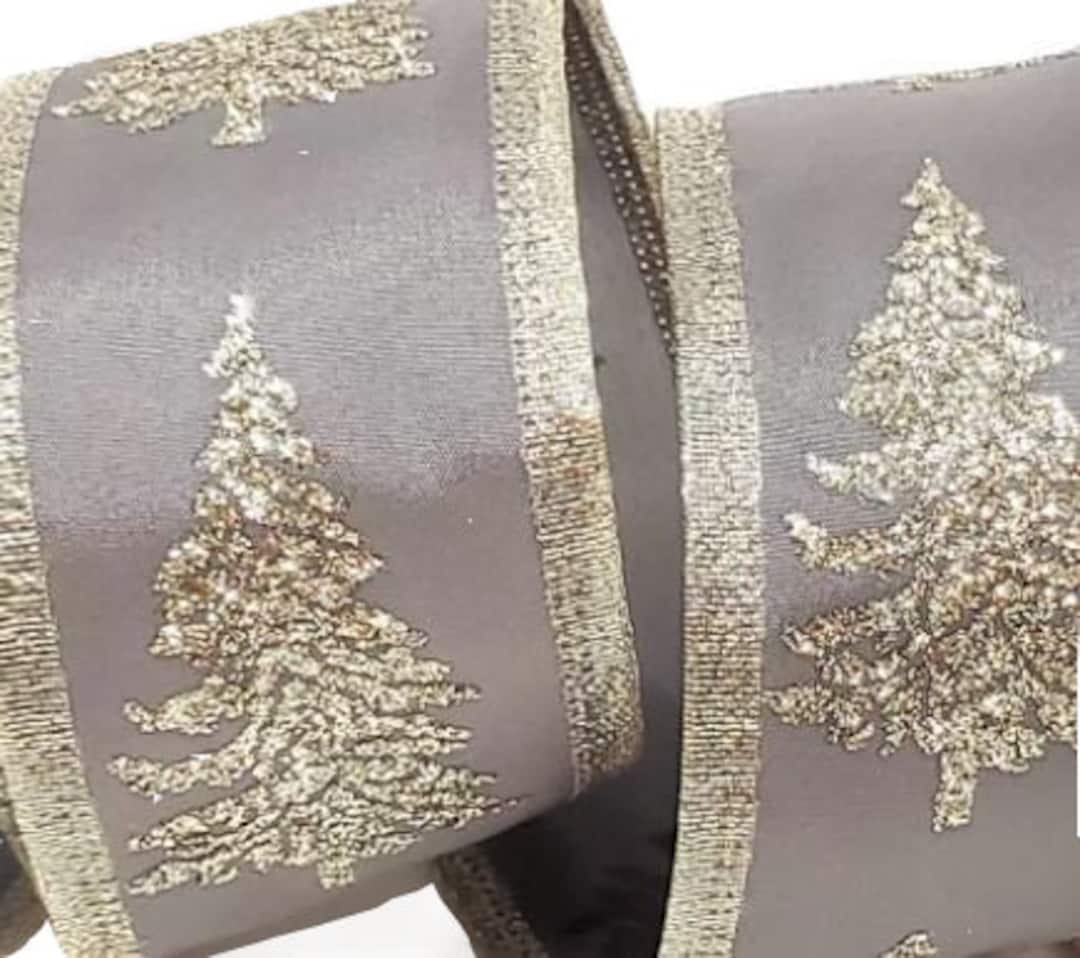 1.5" or 2.5" Wired Christmas Ribbon Gray With Champagne Glitter Holiday ...