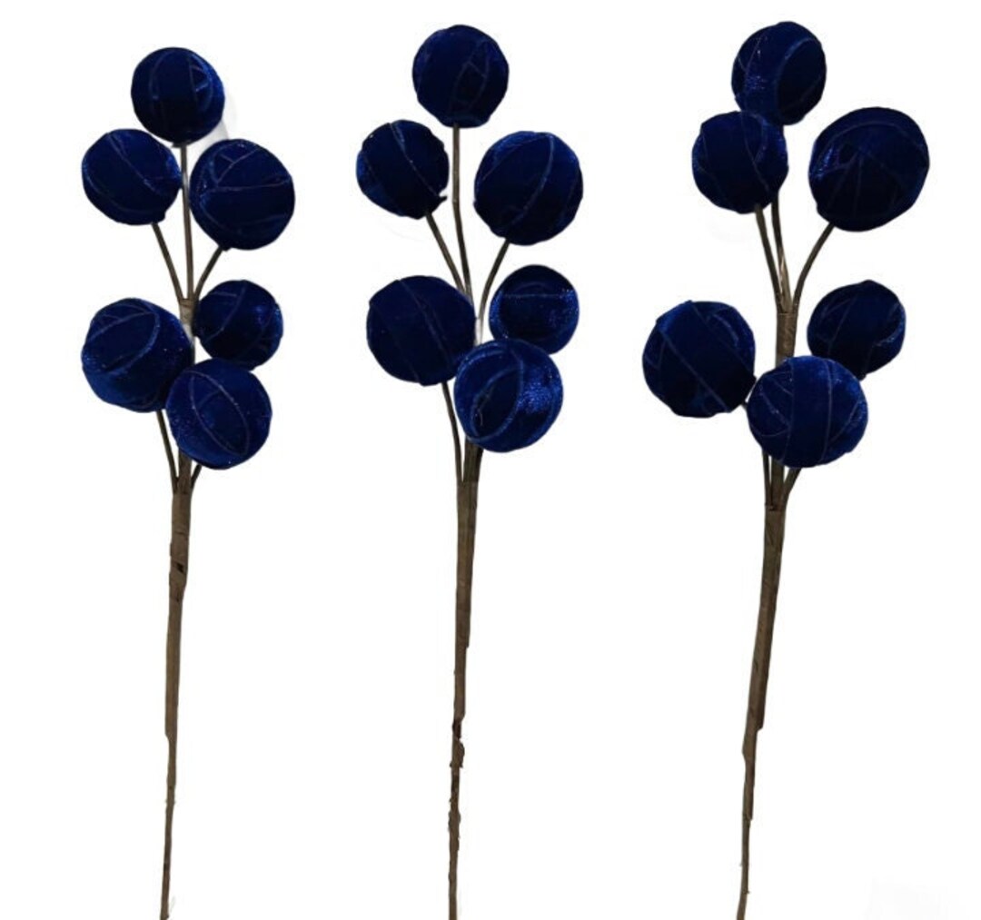 3 Blue Velvet Spheres Ball Picks for Christmas Diy Floral Arrangment ...