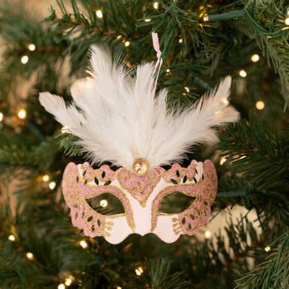 White Feathered Pink Masquerade Mask Ornament Christmas Tree - Etsy