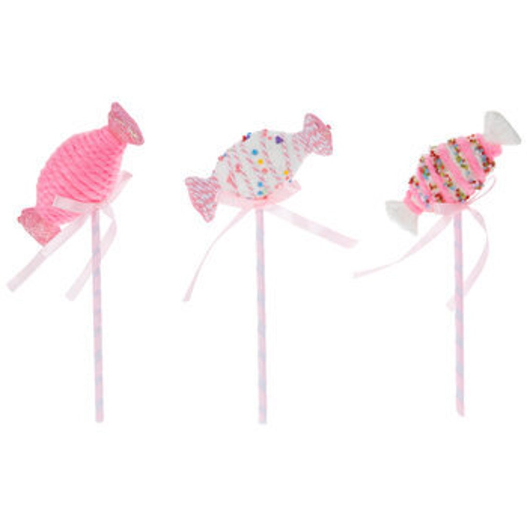 3 Pink Wrapped Candy Picks Christmas Decoration Stem Lollipops ...