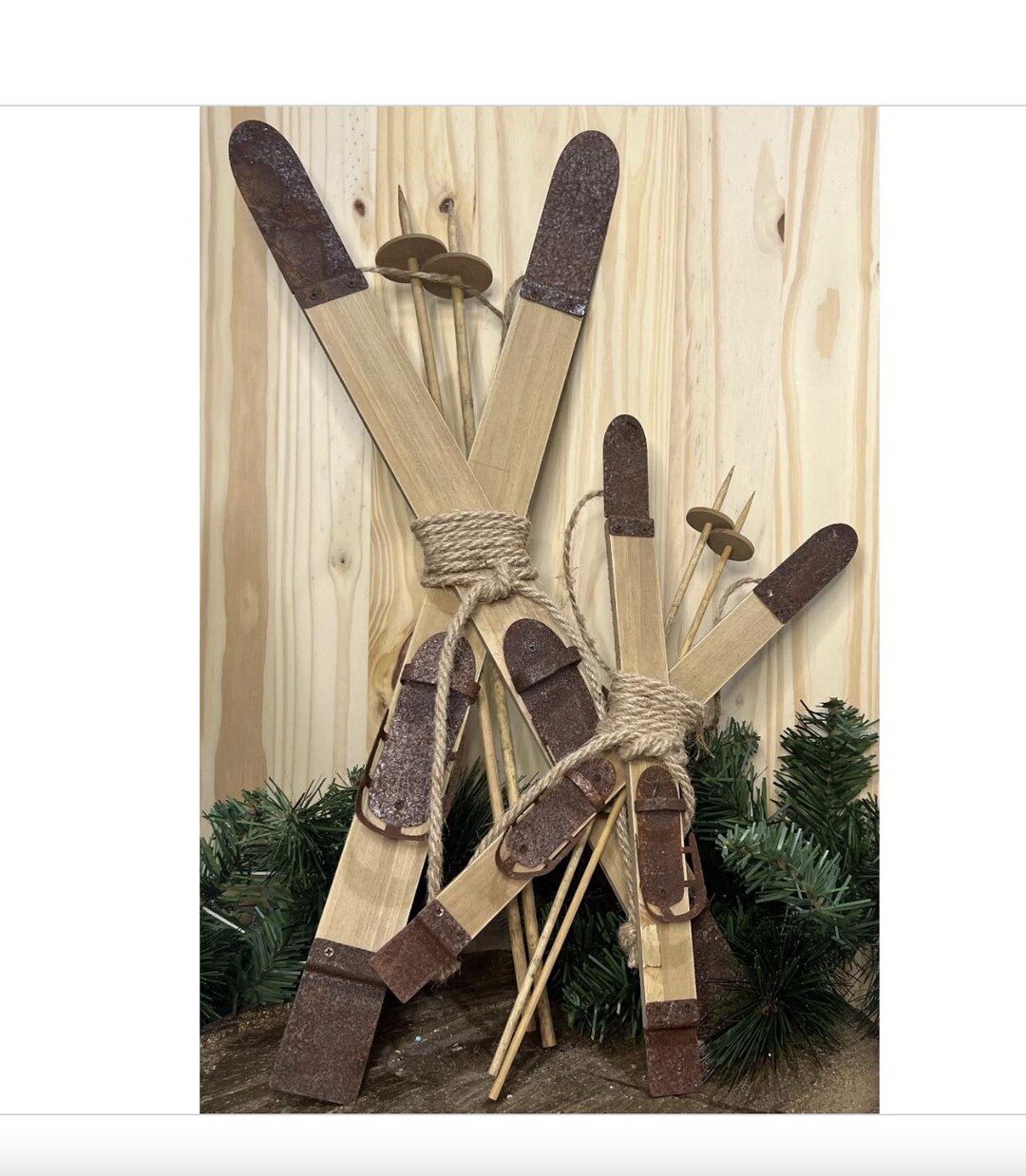 Large MDF With Metal Winter Skis Pole Ornament Christmas Tree Trimming ...