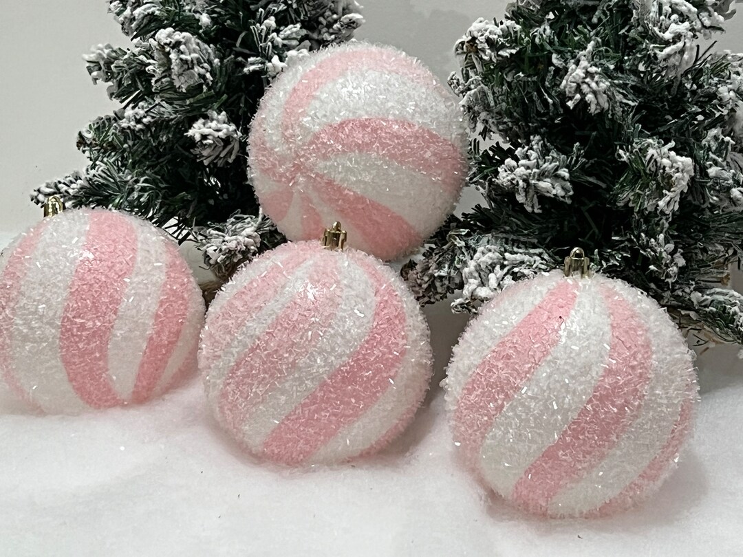 4-count Pink and White Swirl Ball Christmas Ball Ornaments, 3.9 Tree ...