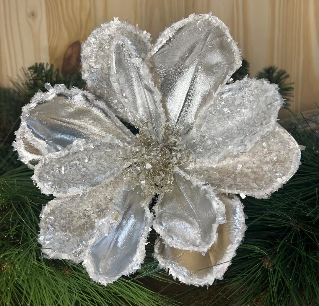 Silver Metallic Ice Flakes Magnolia Stem Christmas Floral Decoration - Etsy