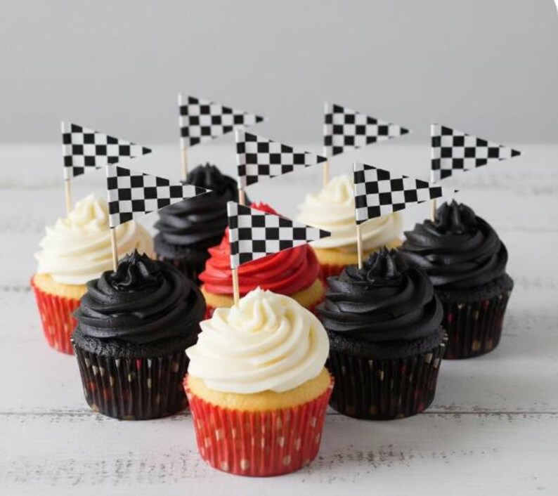 24 Checkered Flag Cupcake Toppers Birthday Party Supplies Goodie Bags ...