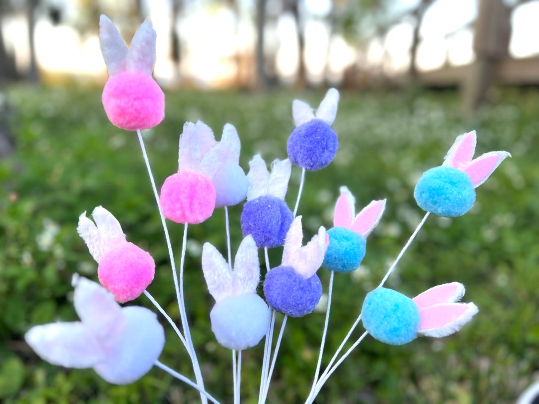 Pom Pom Bunny Rabbit Stem Picks Easter Decor Craft Accent for Wreath ...