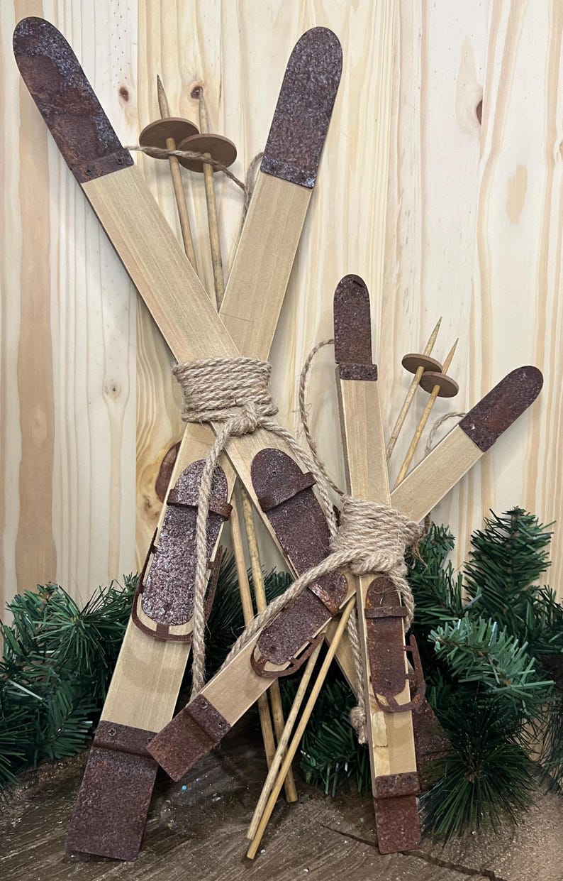 Large MDF With Metal Winter Skis Pole Ornament Christmas Tree Trimming ...