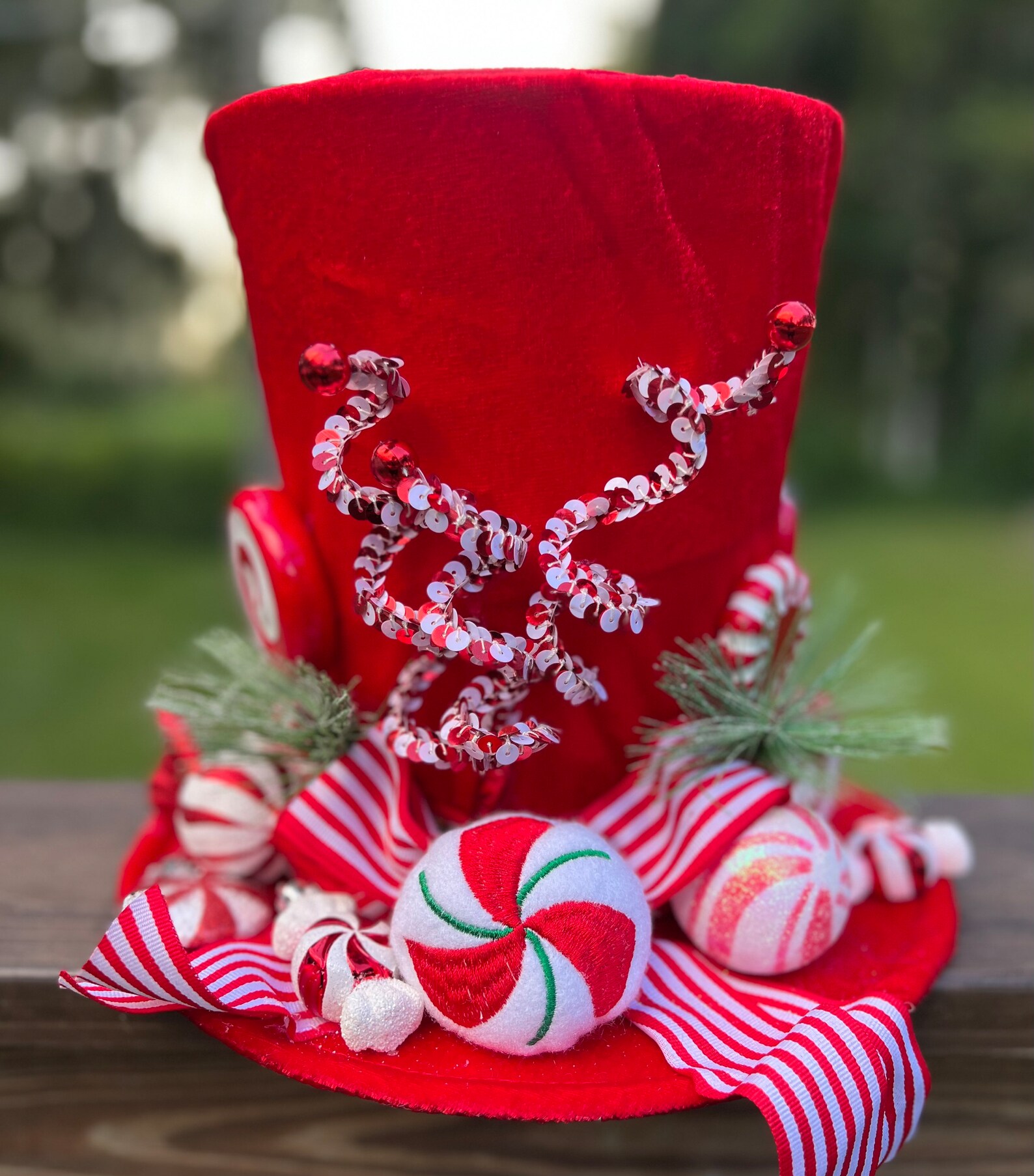 Red Candy Cane Candyland Peppermint Top Hat Tree Topper Christmas Tree ...