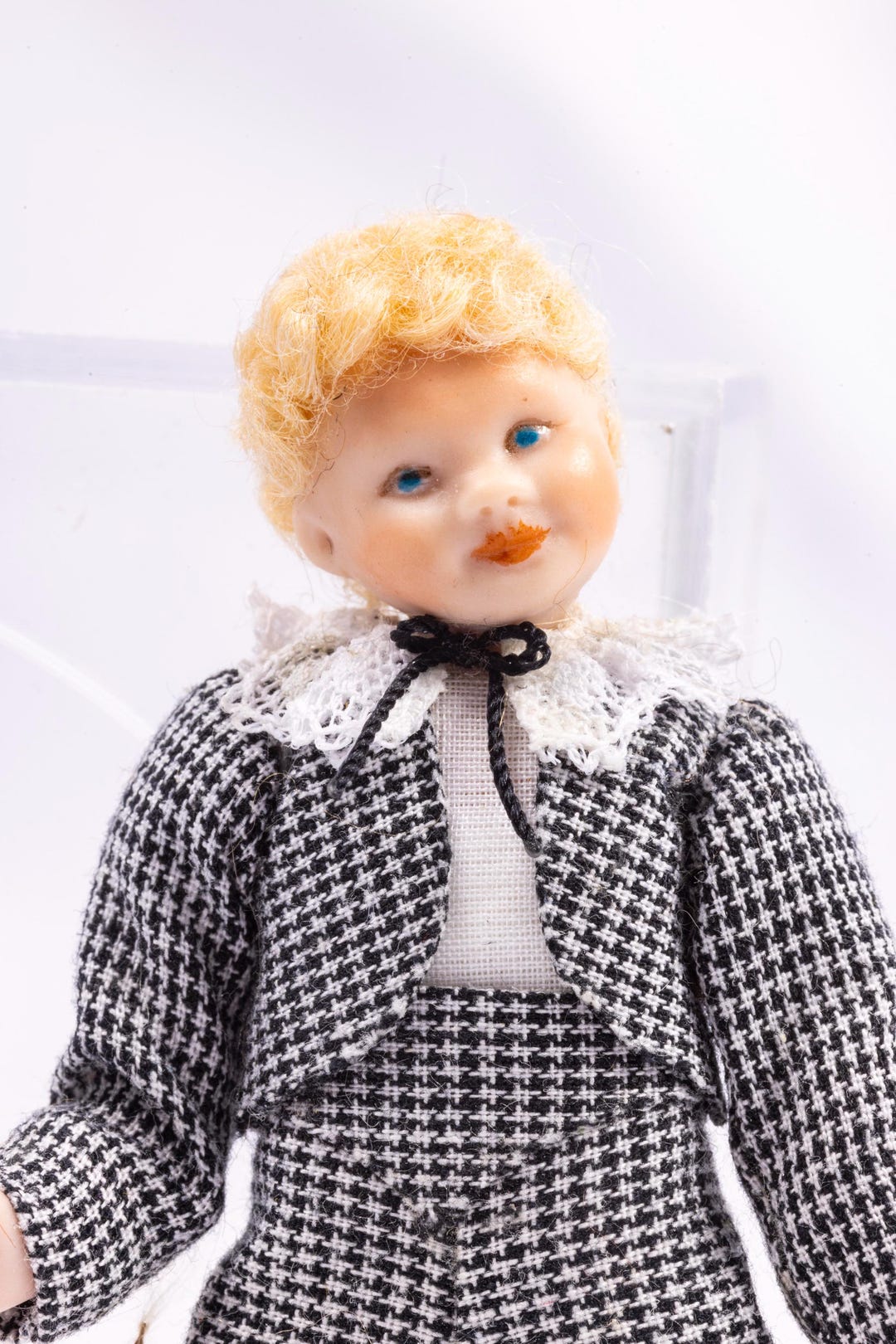 Dollhouse Miniature ~ Little Boy Doll in Black & White Gingham Jacket ...