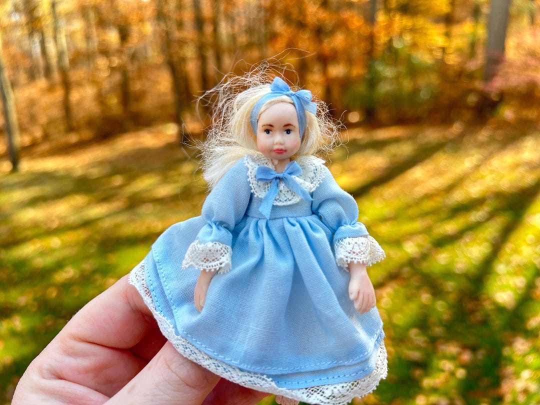 Dollhouse Miniature Blonde Little Girl Doll Barefoot in Blue Dress - Etsy