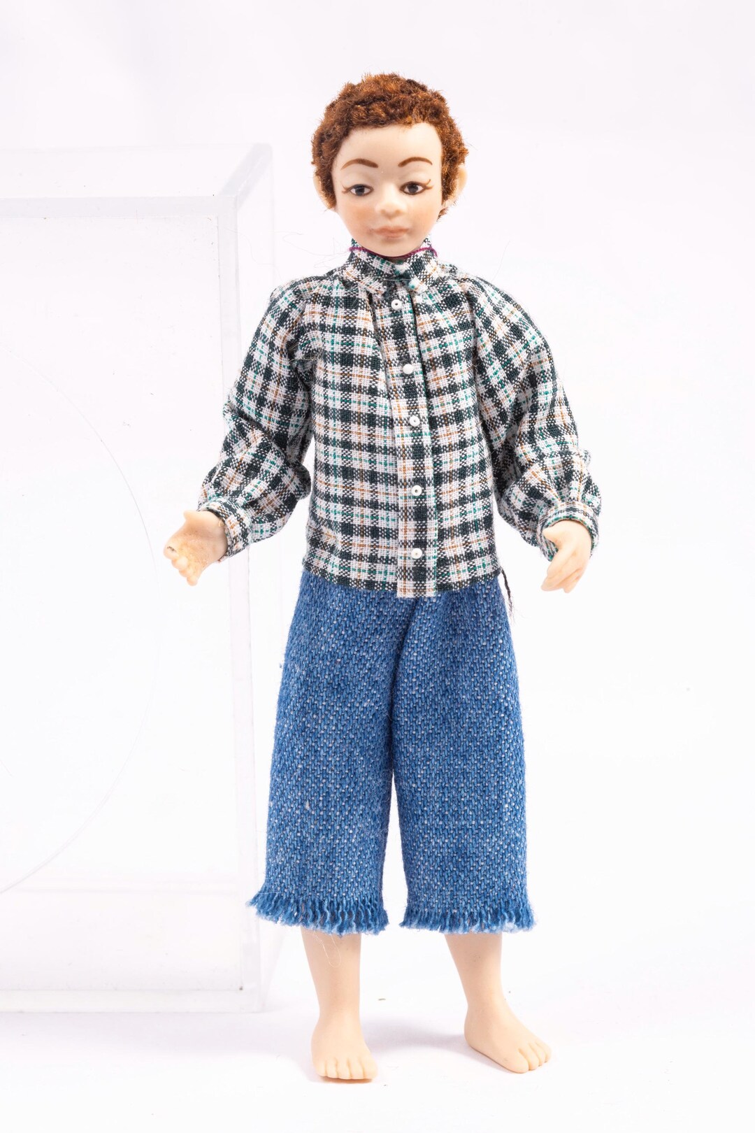 Dollhouse Miniature Modern Older Little Boy Porcelain Doll in Gingham ...