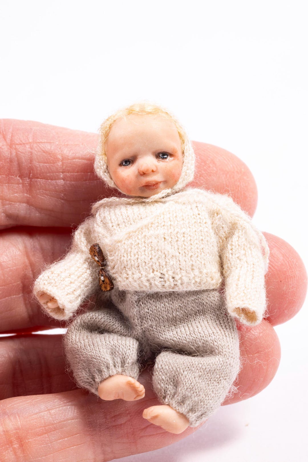 Dollhouse Miniature ~ Baby Boy Porcelain Doll in Knitted Swhite Sweater ...