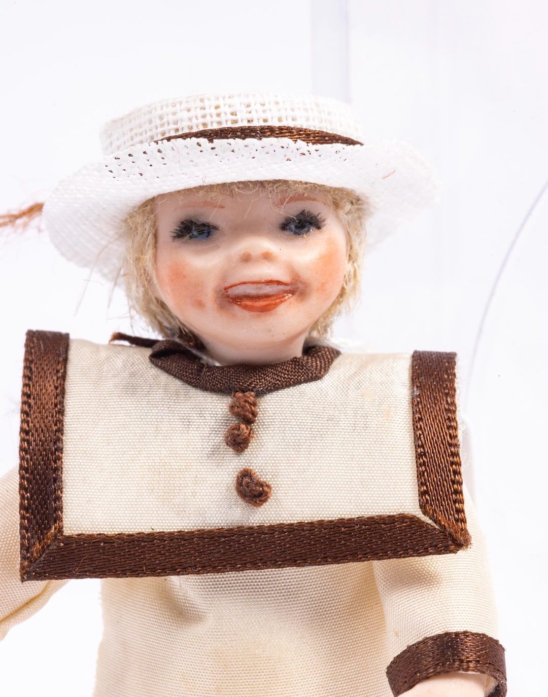 Dollhouse Miniature ~ Porcelain Doll Little Blonde Boy in White & Brown ...