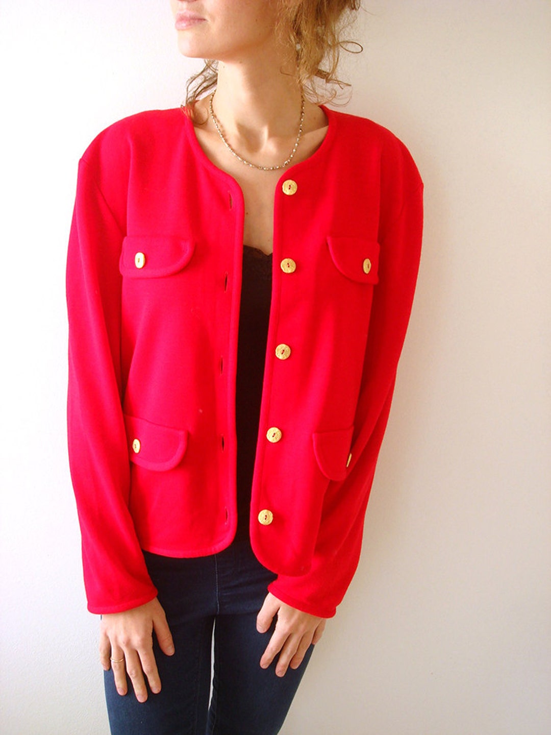 Bold Red Women Jacket With Gold Buttons, Vintage 80s Top, Size L, Women ...