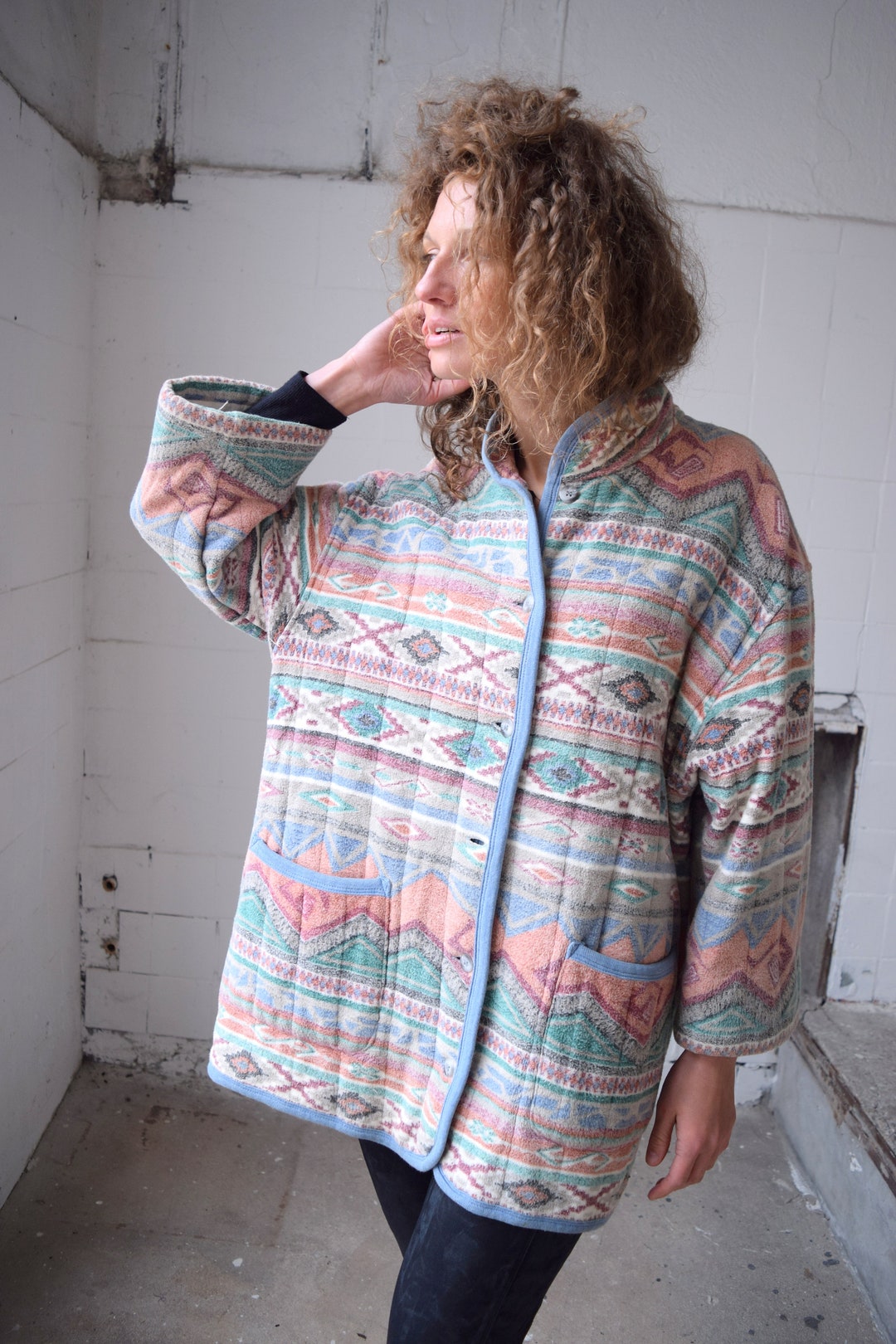 Women's Overcoat, Pastel Quilted Jacket, Pink Coat, Navajo Jacket, 60s ...