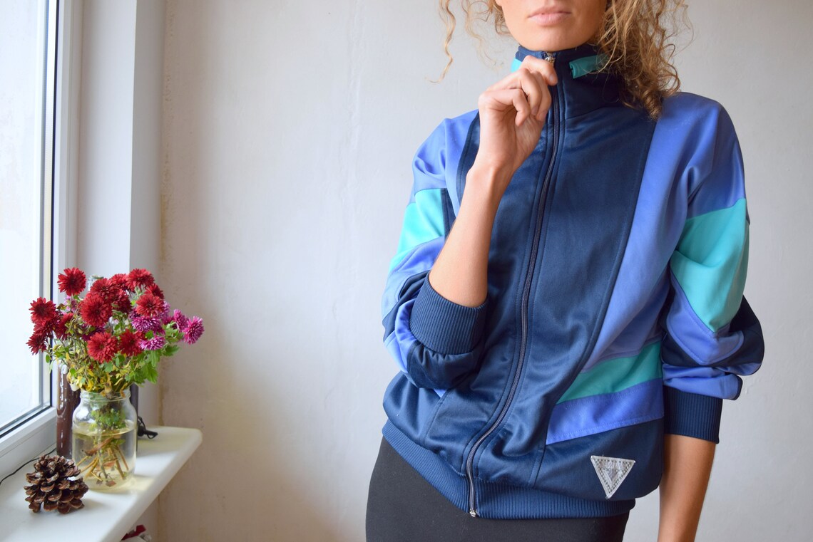 Blue Windbreaker 80's Color Block Jacket Vintage Active - Etsy