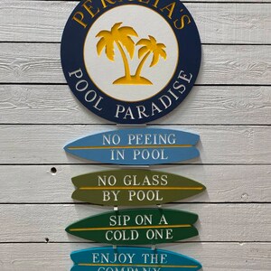 Pool Paradise Rules Engraved Wood Surf Board Signs, Customizable Set of ...