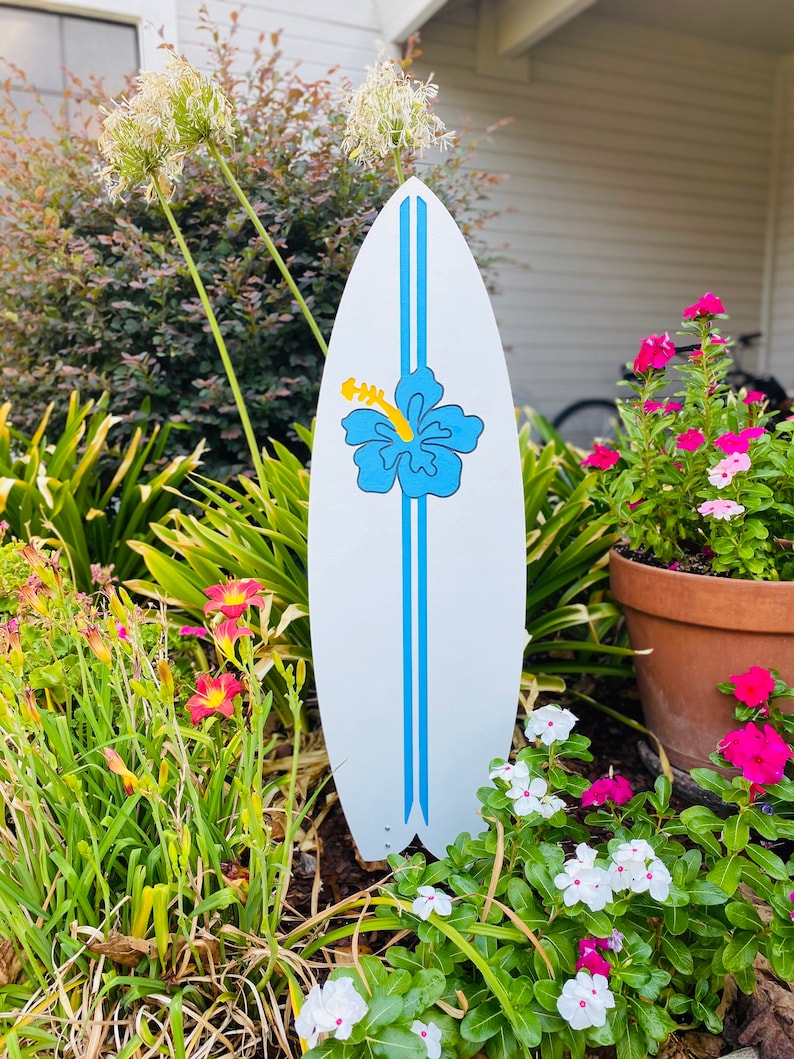 White Surf Board With Blue Hibiscus Flower Outdoor Poolside | Etsy