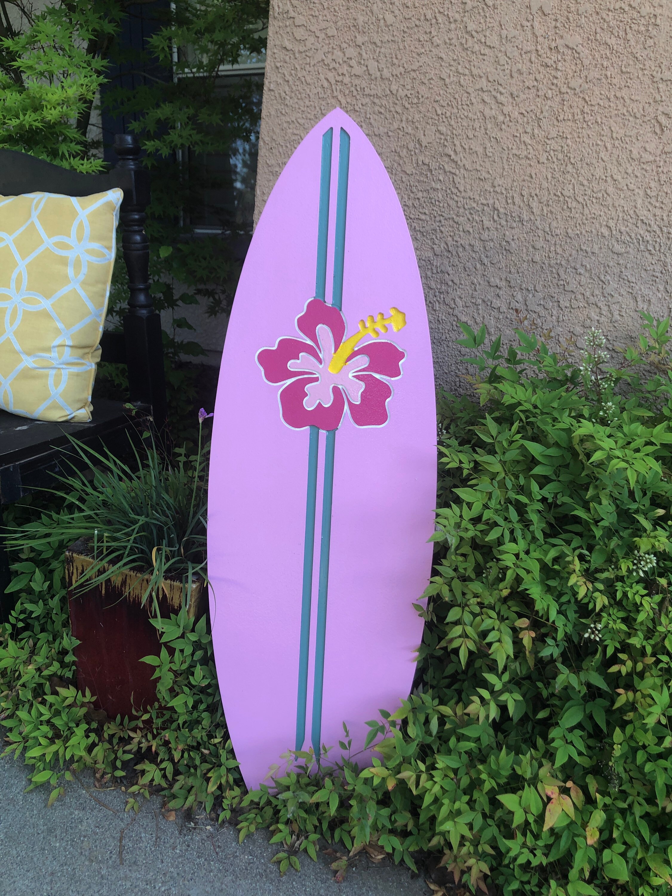 Pink Surf Board with Decorative Hibiscus Outdoor Wood Poolside | Etsy