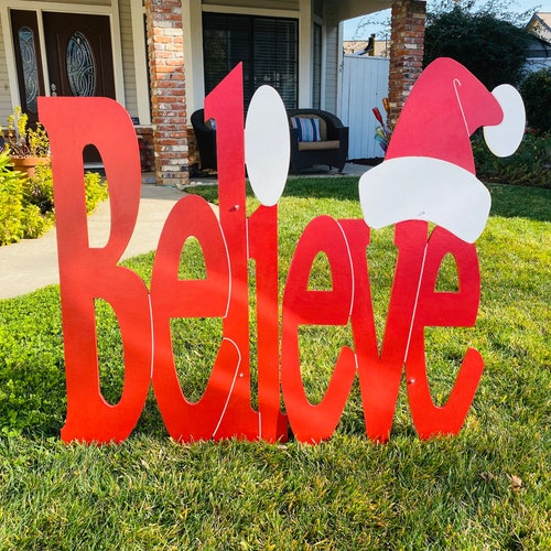 Believe Christmas Holiday Yard Sign With Santa Hat Large Size - Etsy