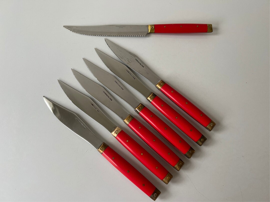 Lovely Red Melron Steak Knives Set of 6 Plus 1/vintage Steak Knife Set ...