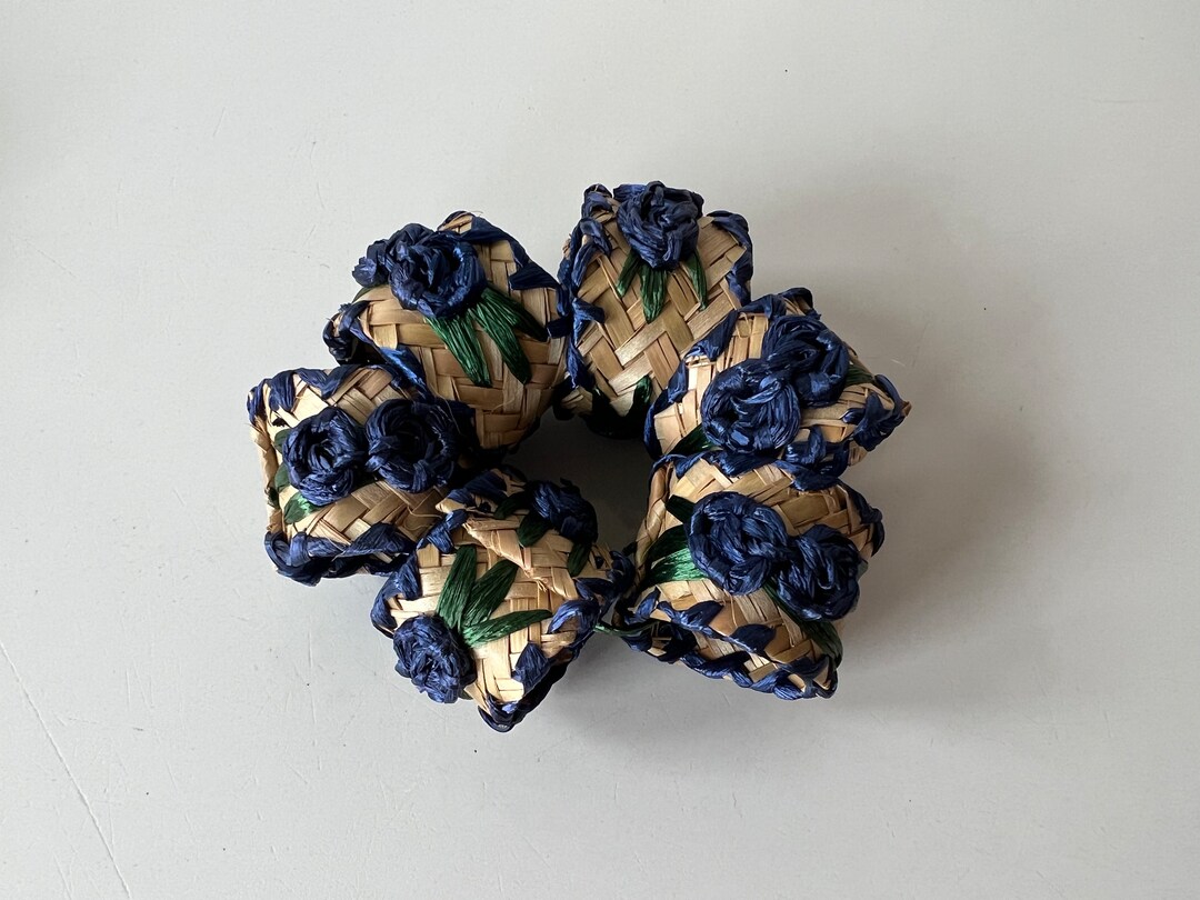 Gorgeous Straw Raffia Flower Napkin Rings Set of 6/vintage Boho Napkin ...