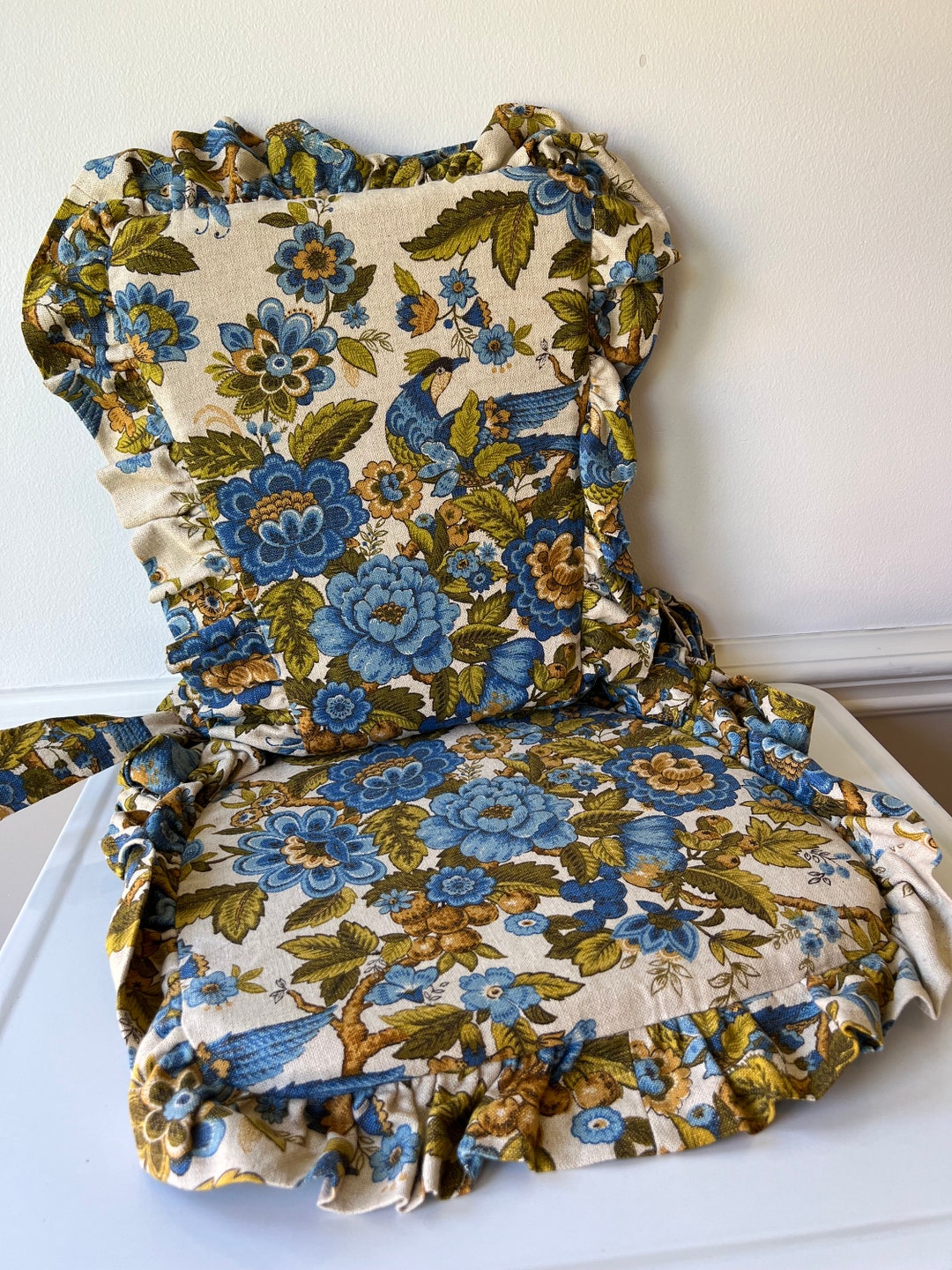 Vintage Handmade Ruffle Edge Bird Print Chair Cover Set Seat and Back ...