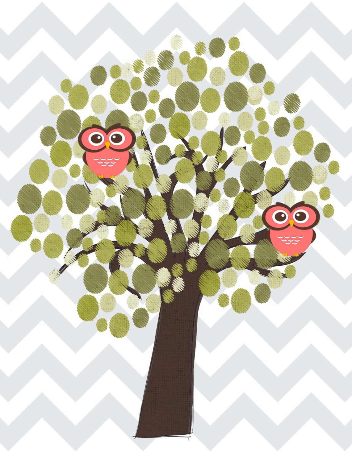 Coral & Gray Chevron Owl Print Set of 3 - Etsy