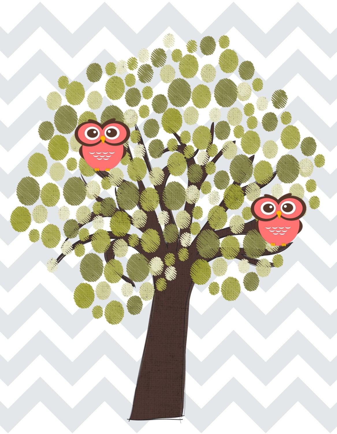 Coral & Gray Chevron Owl Print Set of 3 - Etsy