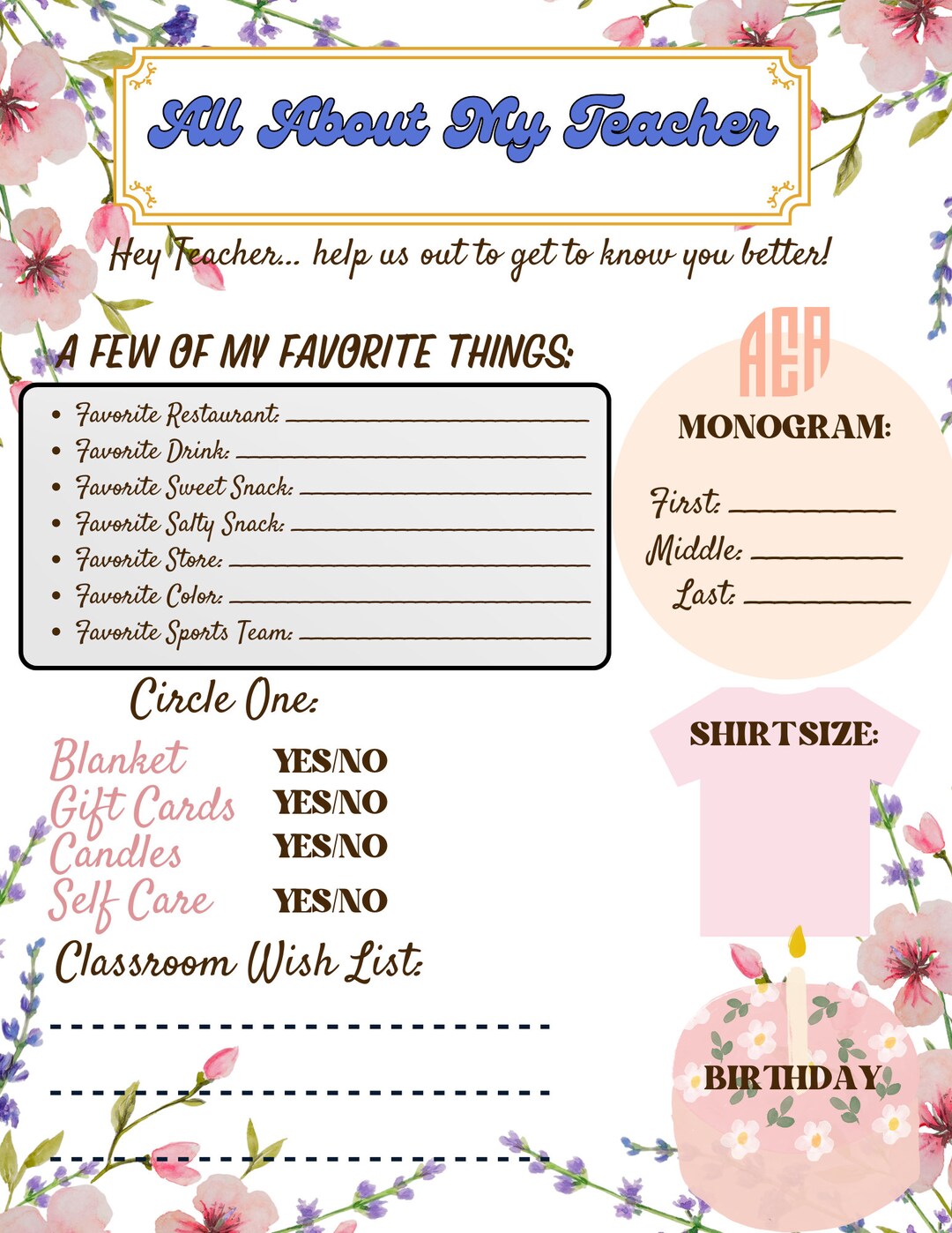 All About My Teacher Survey | Digital Download | Back to School ...