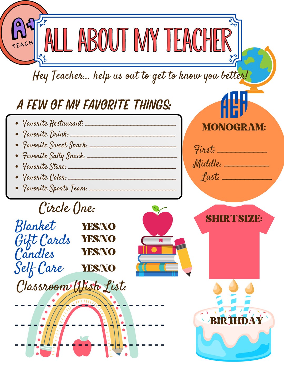All About My Teacher Survey | Digital Download | Back to School ...