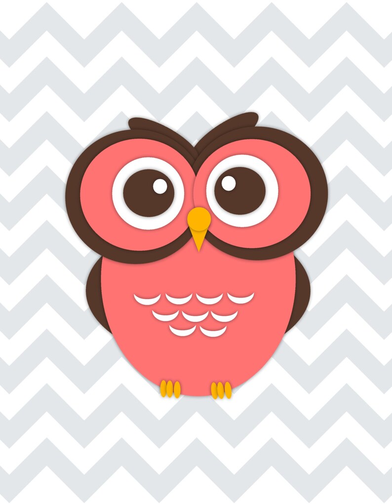 Coral & Gray Chevron Owl Print - Set of 3 - Etsy