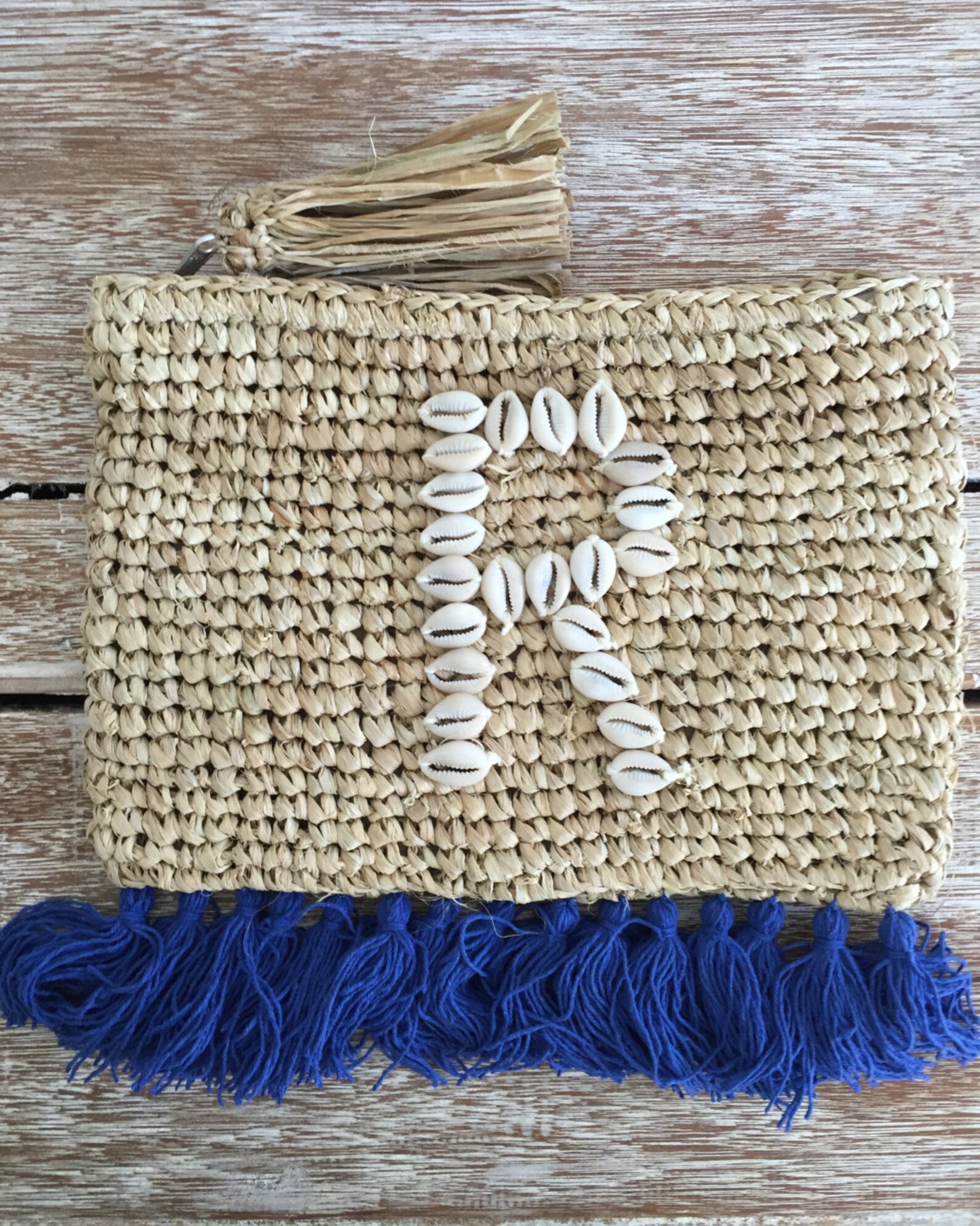 Natural Shell Initial Raffia Shell Clutch Tassel Clutch | Etsy