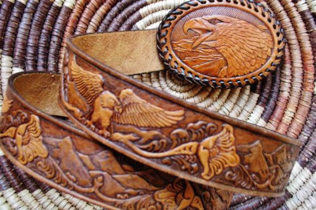 Hand Tooled Leather Western Cowboy Belt and Buckle American Bald Eagle ...