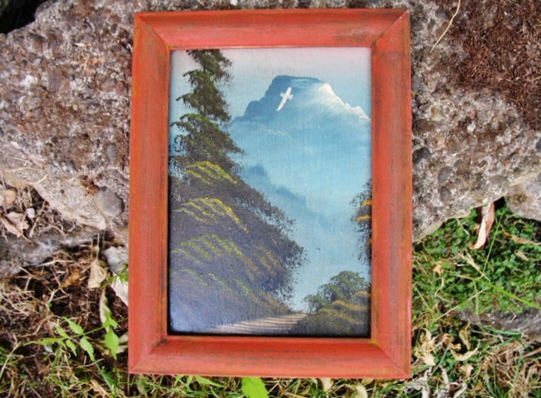 1970s Framed Wabi-sabi Style Mountain Landscape Path Bird in Flight ...