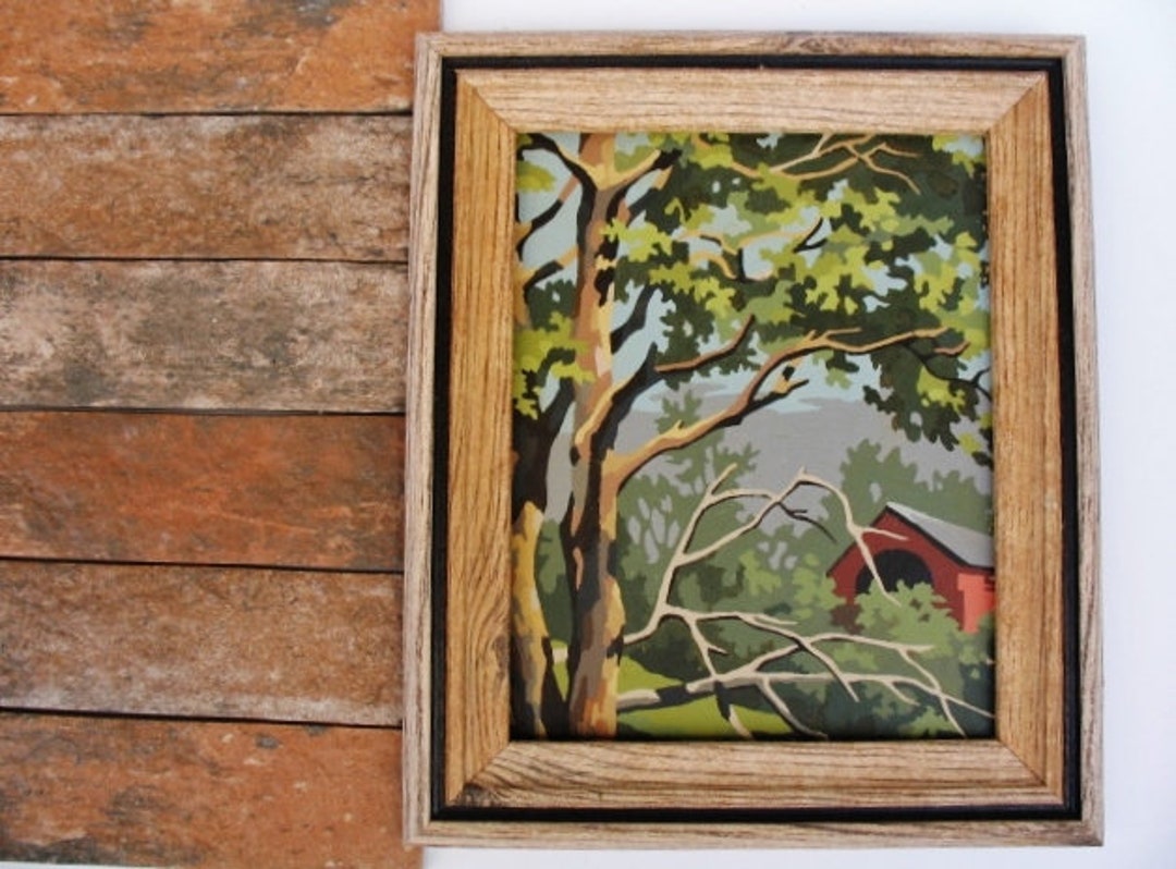 Vintage Mid Century Framed Paint by Numbers PBN Tree and Covered Bridge ...