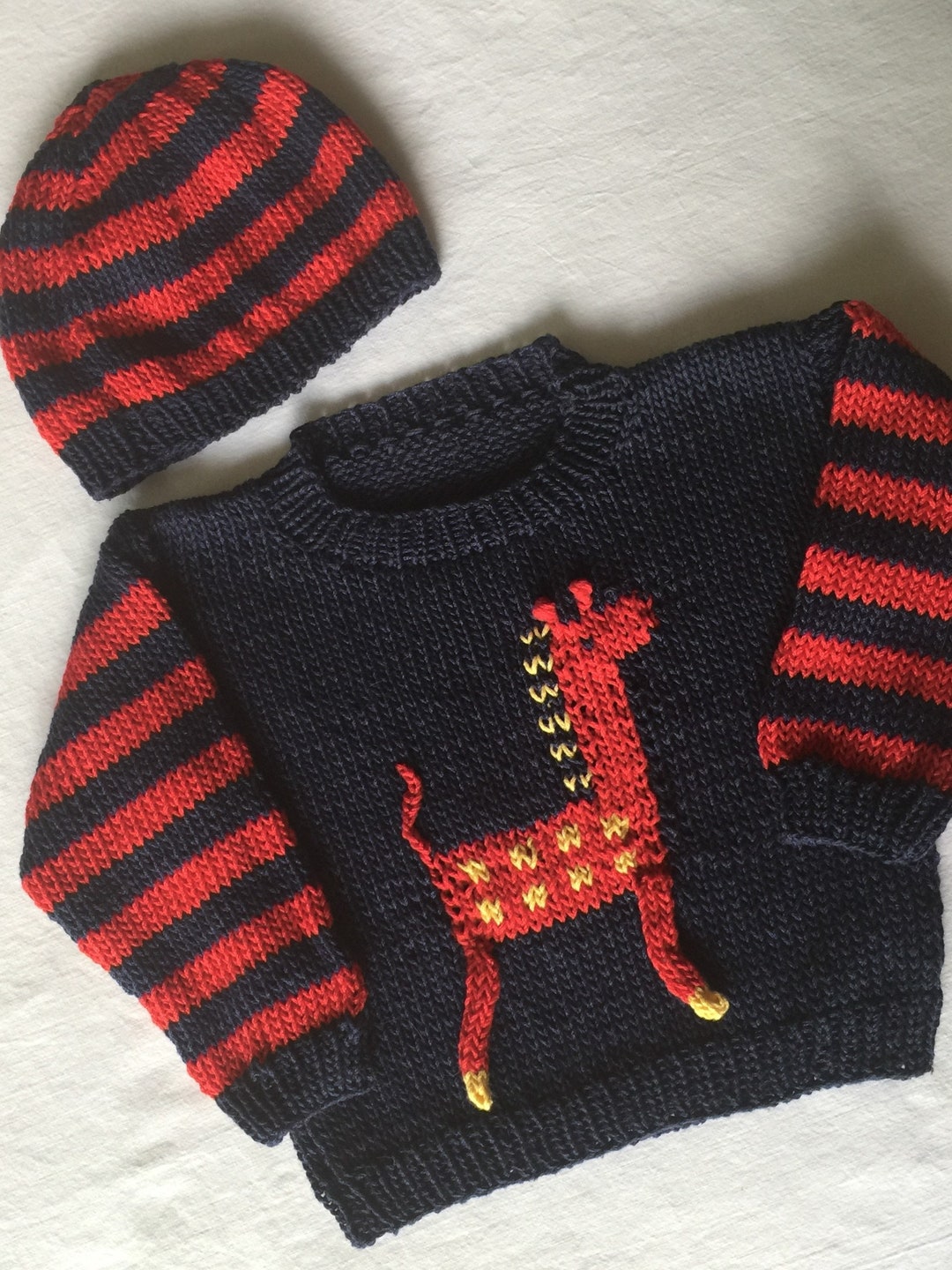 Toddlers Giraffe Pullover Sweater & Matching Hat, Hand Knit, 100% ...