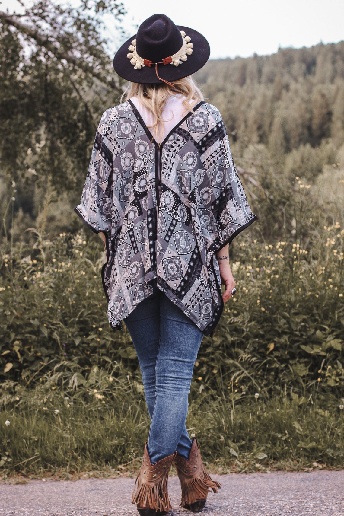 Bohemian Kimono Jacket Kimono Black and White With Bandana - Etsy