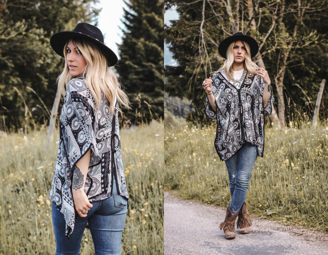 Bohemian Kimono Jacket Kimono Black and White With Bandana - Etsy