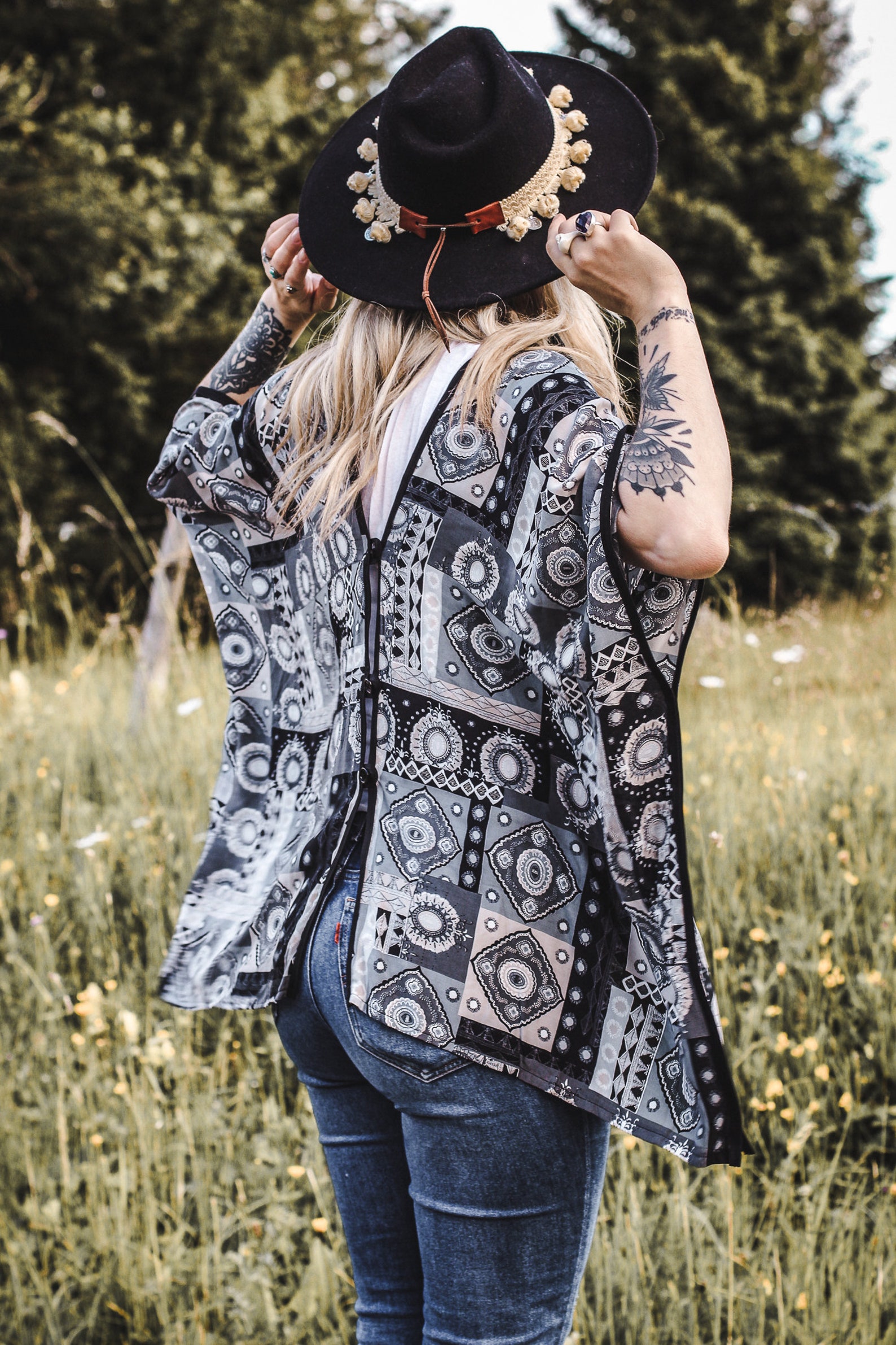 Bohemian Kimono Jacket Kimono Black and White With Bandana - Etsy