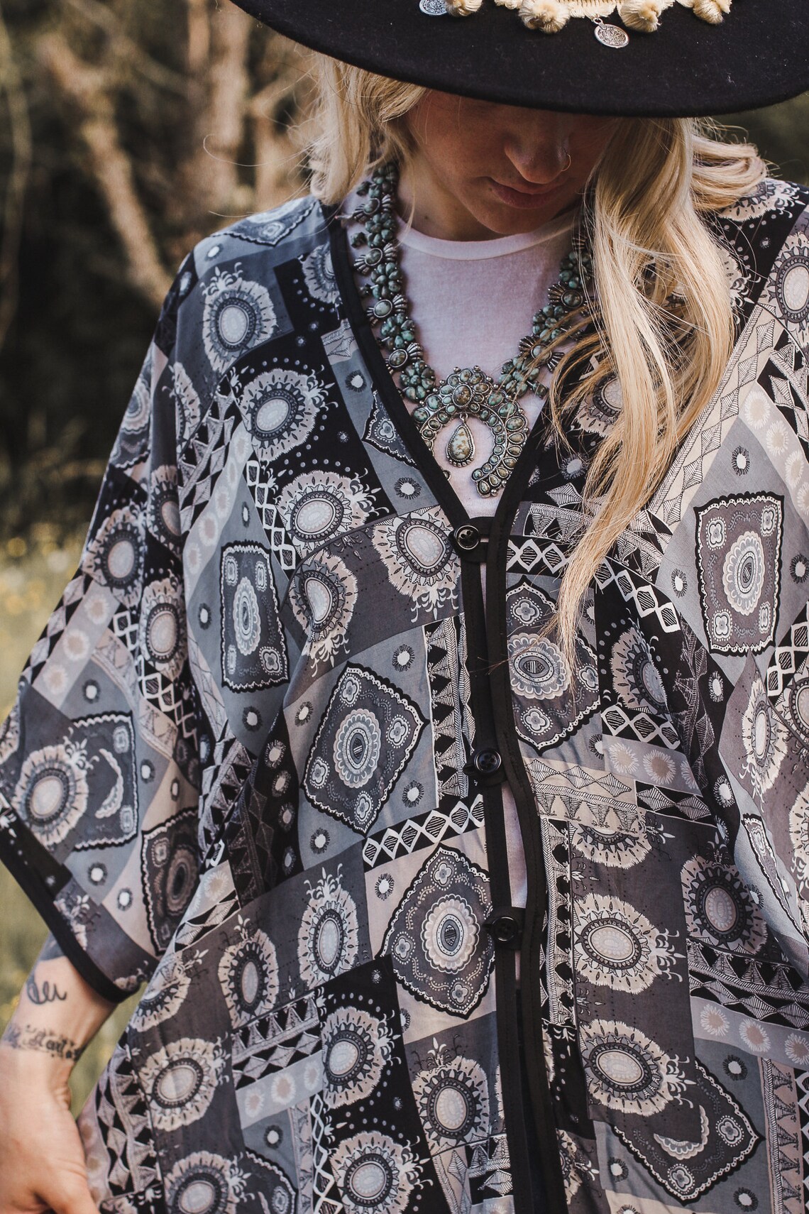 Bohemian Kimono Jacket Kimono Black and White With Bandana - Etsy