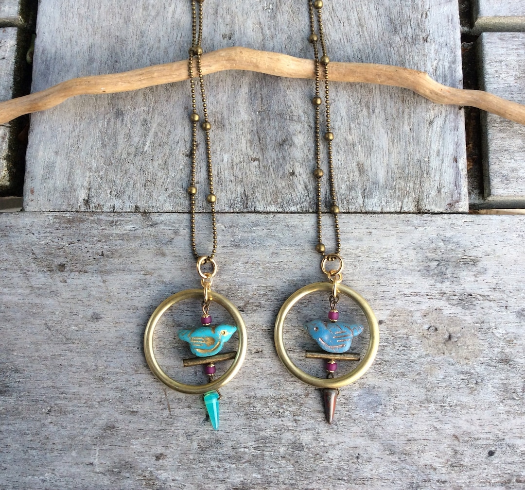 Long Bird Necklace,bird Lovers Necklace,aged Rustic Glass Necklace,aged ...