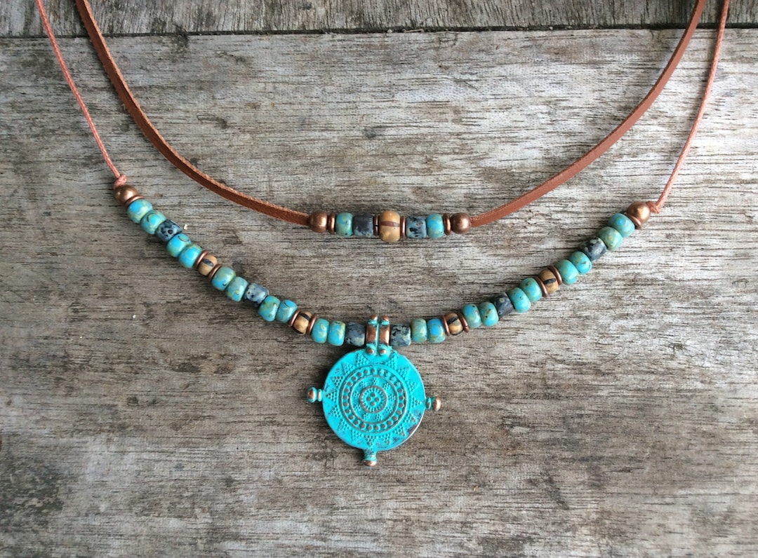 Boho Necklace: Patina Compass Charm, Leather & Seed Bead Jewelry - Etsy